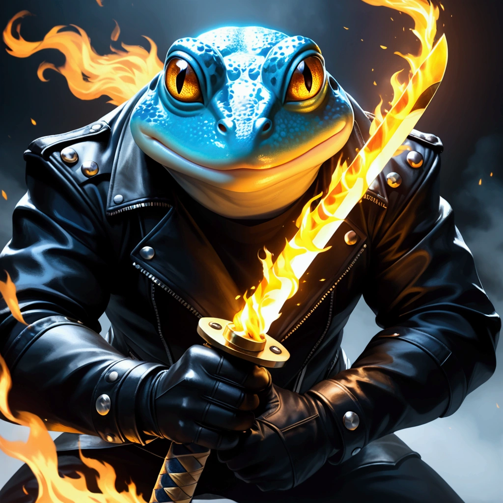 Closeup, An extremely badass light blue and white bullfrog wearing an ...