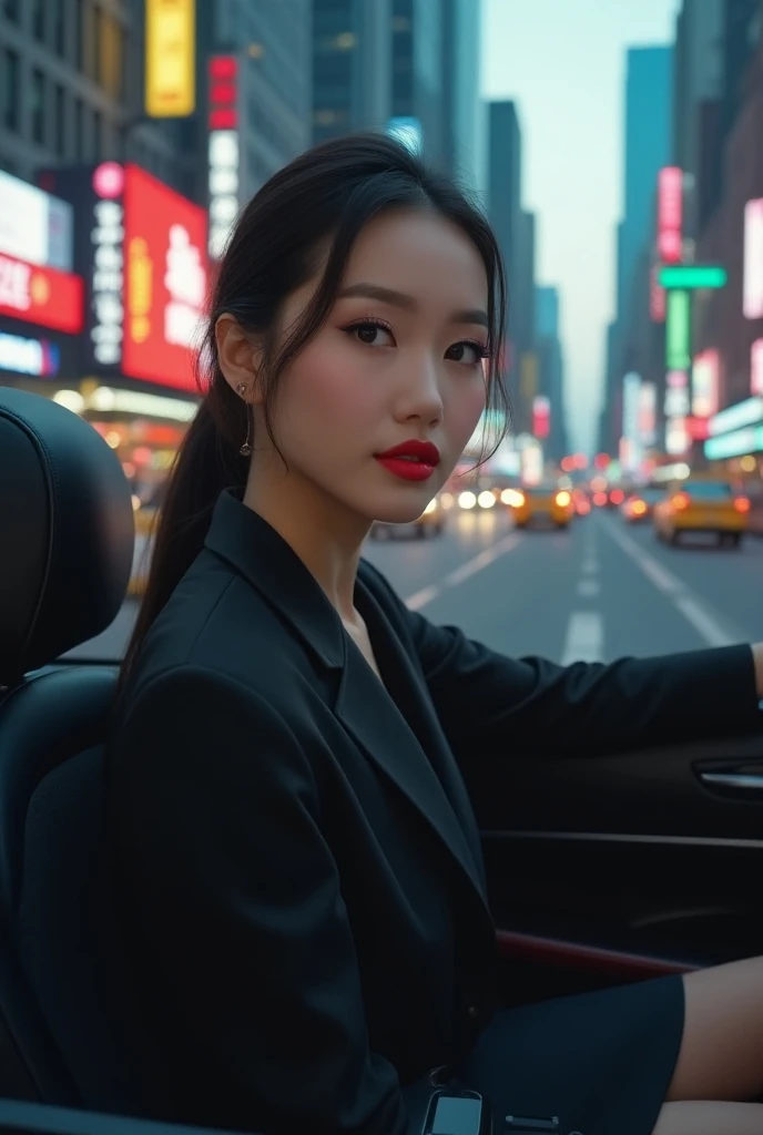Korean 30s full makeup, Flesh-colored stockings , Driving - SeaArt AI