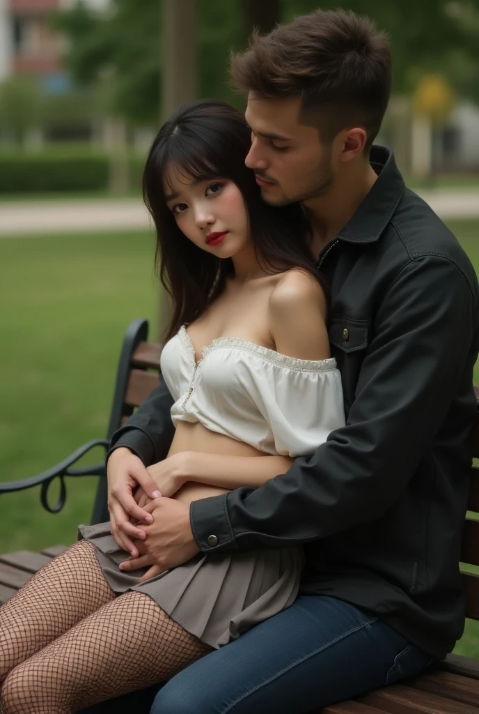 A woman who looks young is sitting on a park bench on a man - SeaArt AI