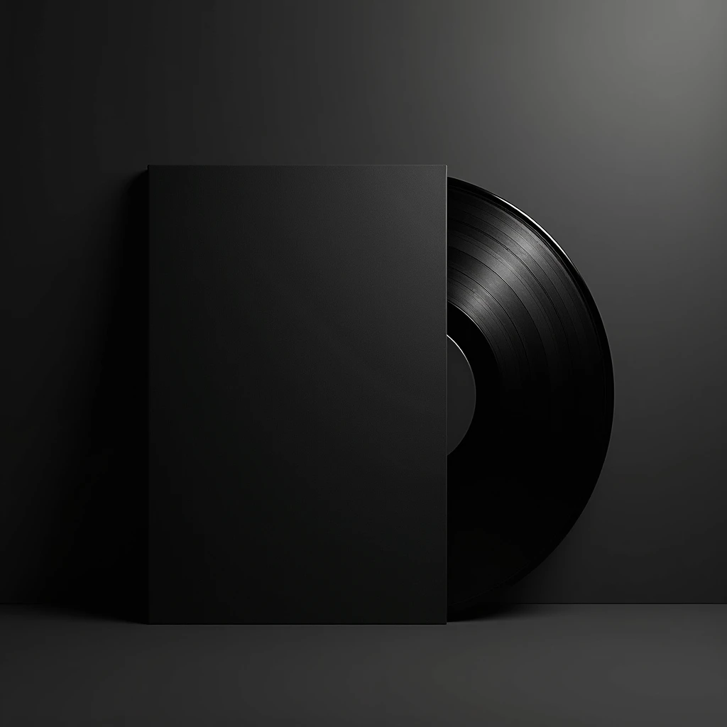 A minimalist black vinyl record cover, sleek and stylish, detailed ...
