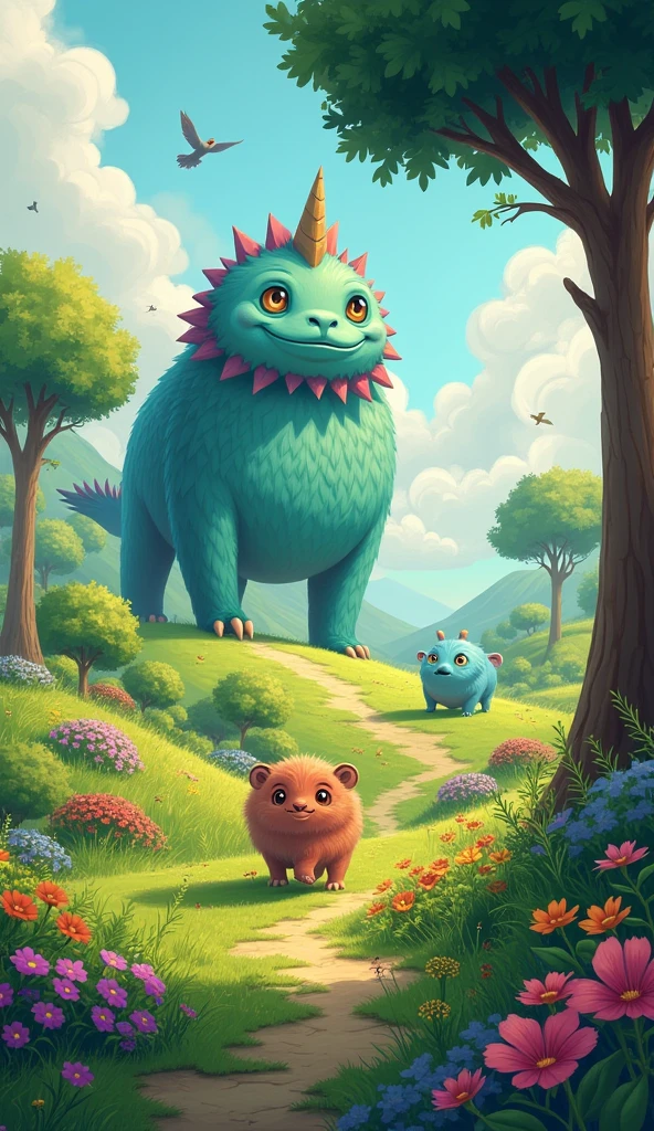 A whimsical landscape with giant, friendly creatures roaming among the ...