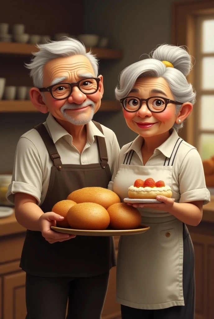 Grandpa baker , WITHOUT GLASSES, short but abundant hair, slanted eyes ...