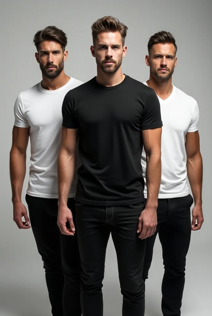 THREE handsome men stand in stylish poses in WHITE regular t - SeaArt AI