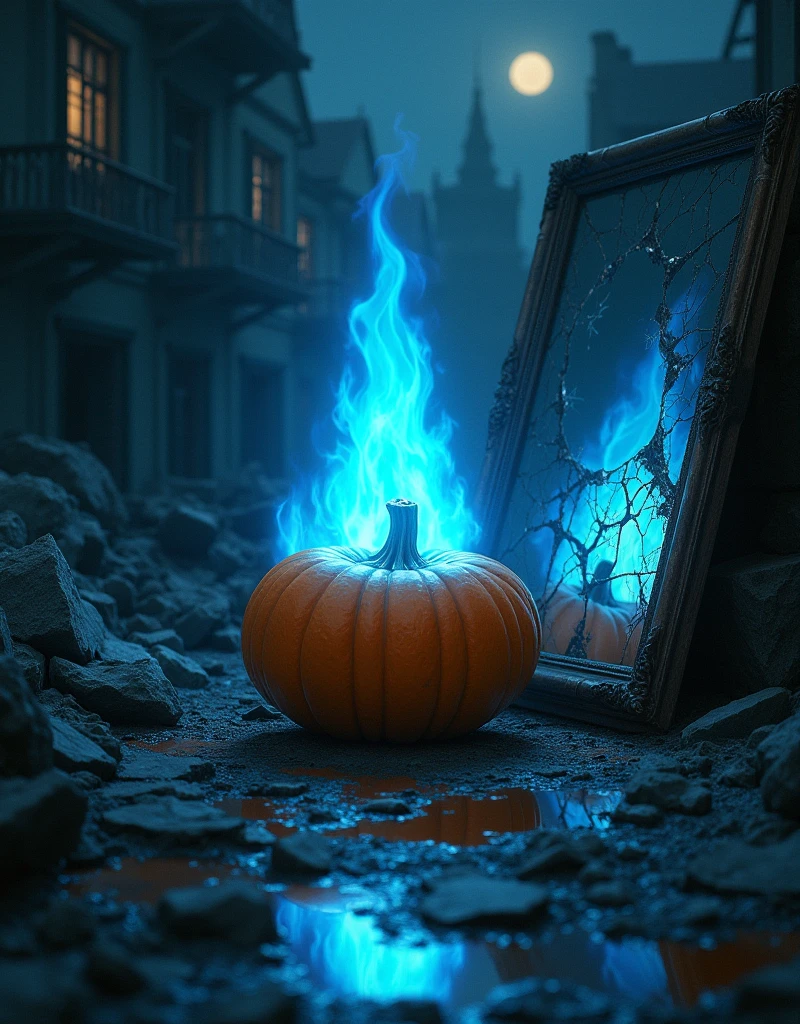 pumpkin, Surreal, Blue Flame, Reflected in the mirror, Distorted Time ...