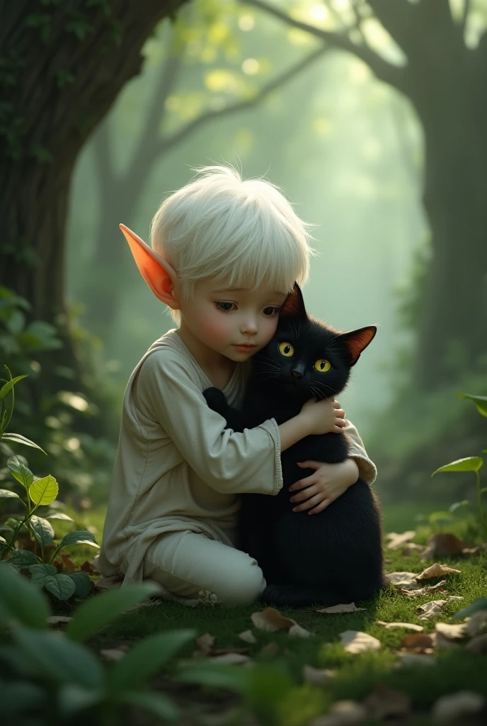 Draw an albino elf boy hugging a black cat - SeaArt AI