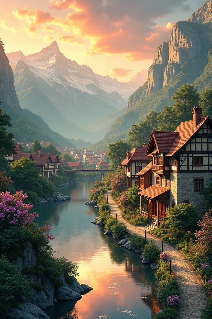 A small town by the river, mountains in the background, flores florales ...