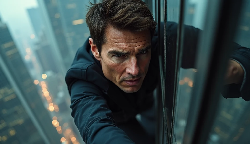 close-up of Tom Cruise's desperate face 、 sticking to the exterior wall ...