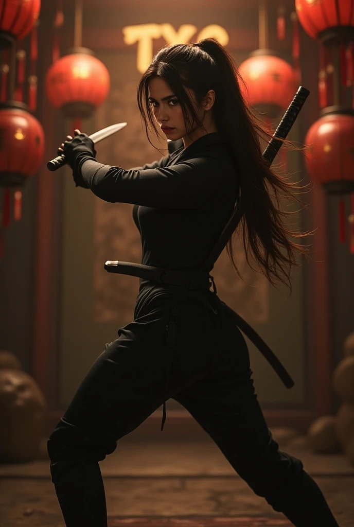 Ninja woman with long brown hair and brown eyes , He carries knives in ...