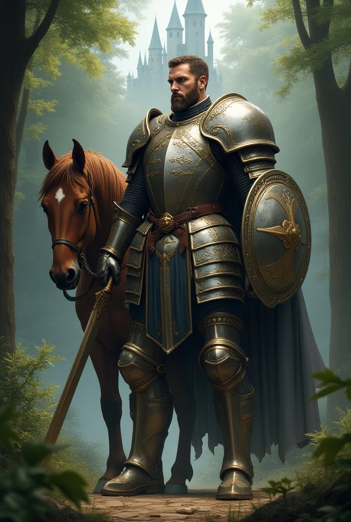 Imagine a super strong knight , Are you standing holding a brown horse ...