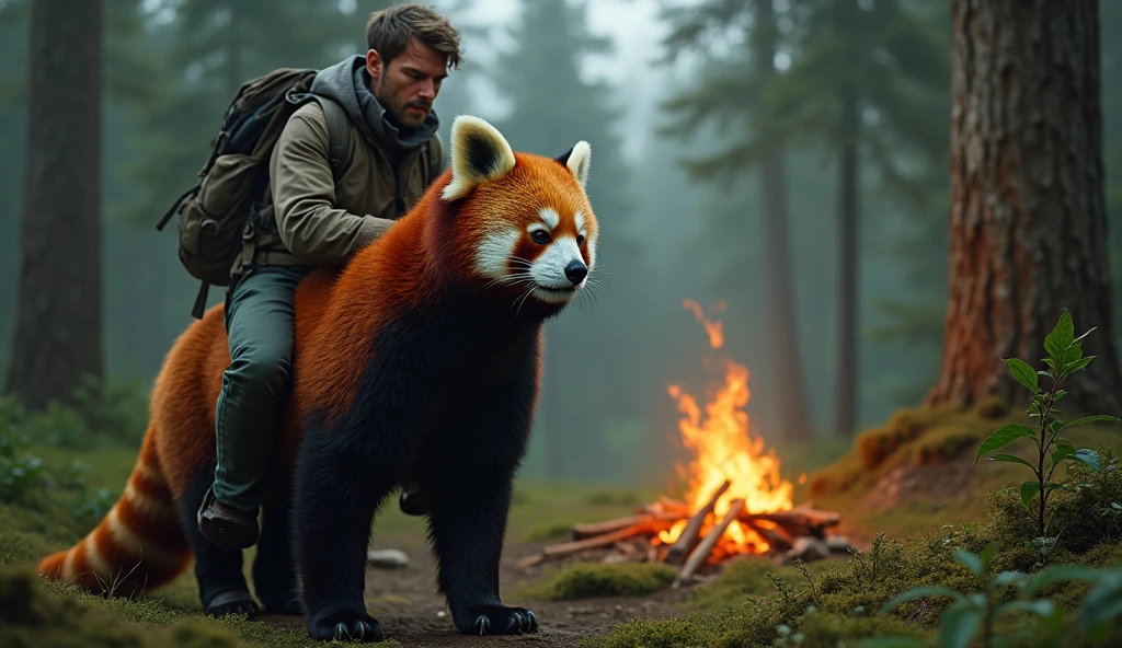 man traveling the world riding on the back of a big red panda - SeaArt AI