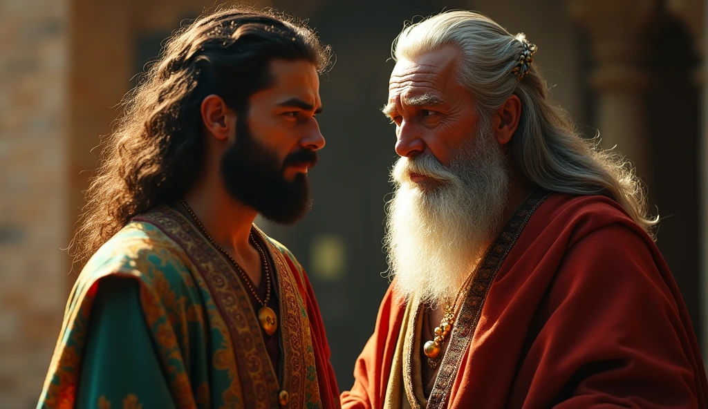 Joseph, son of jacob in a colorful coat standing next to an old man ...