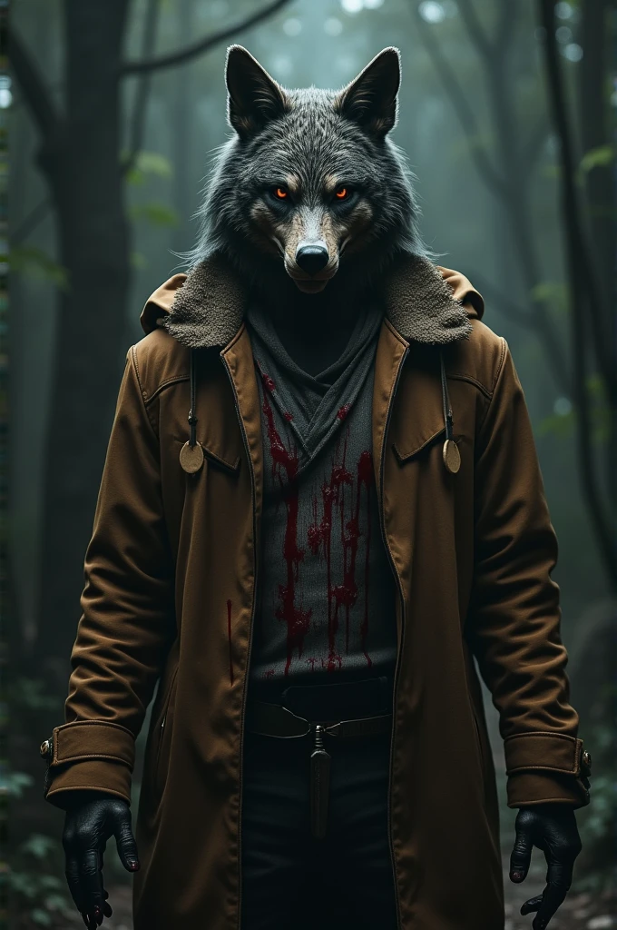 A wolf serial killer wearing an wendigo mask, he has blood on his ...