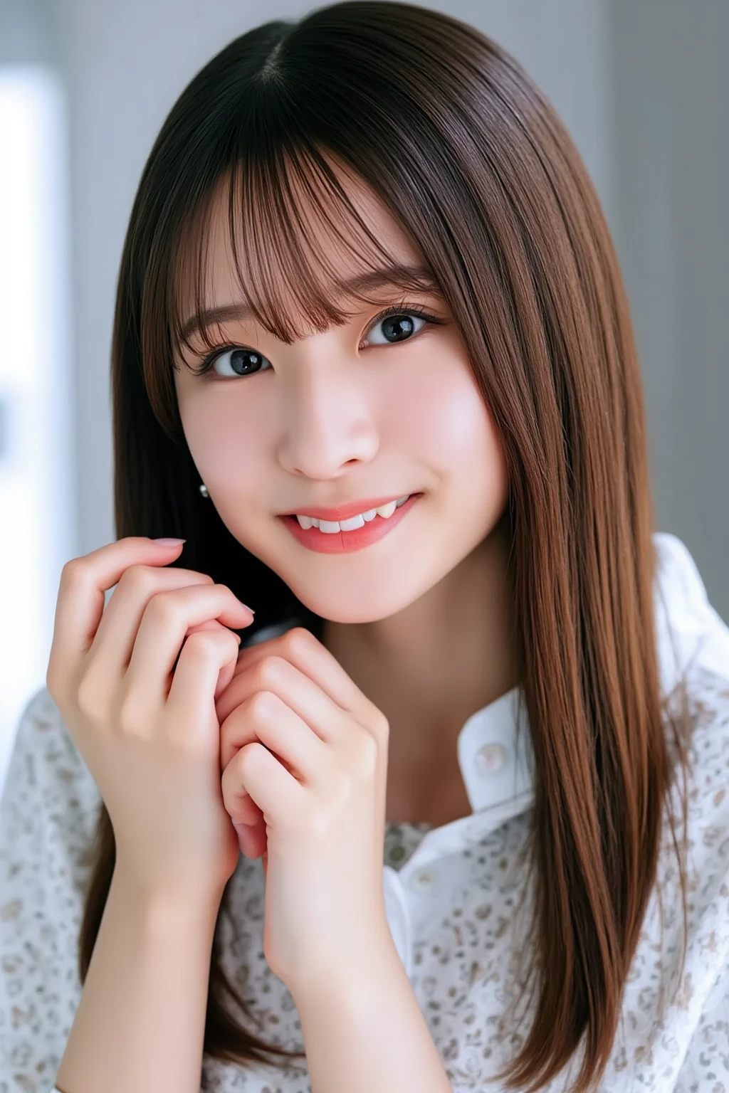 (She is posing with both hands firmly in the shape of a big heart and ...