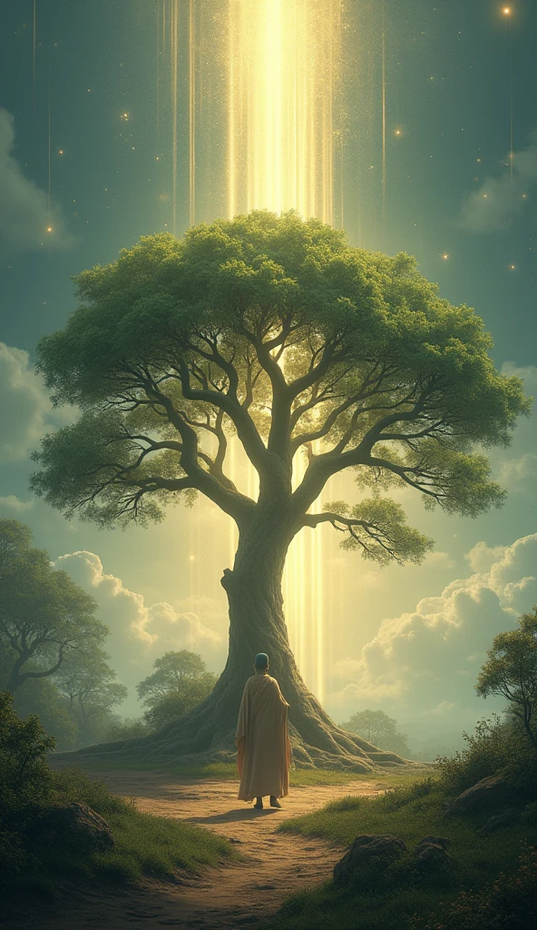 A depiction of the Bodhi tree with light beams to symbolize the moment ...