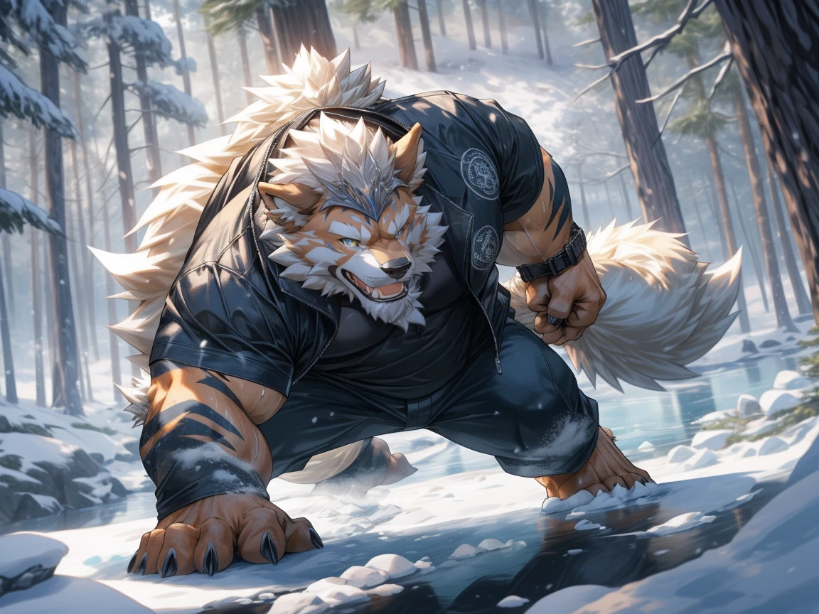 Hairy, arcanine, male, beard, full body picture, sweat, lake covered ...