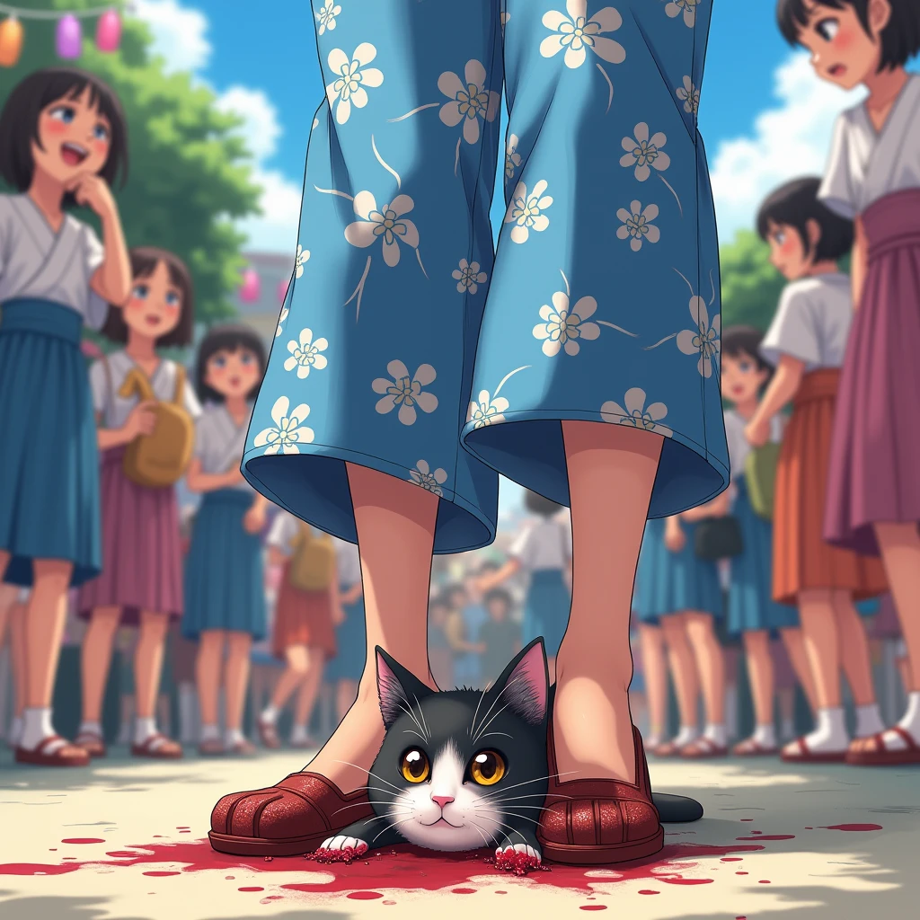 and clogs in a thin blue yukata 、A group of girls excited about the ...
