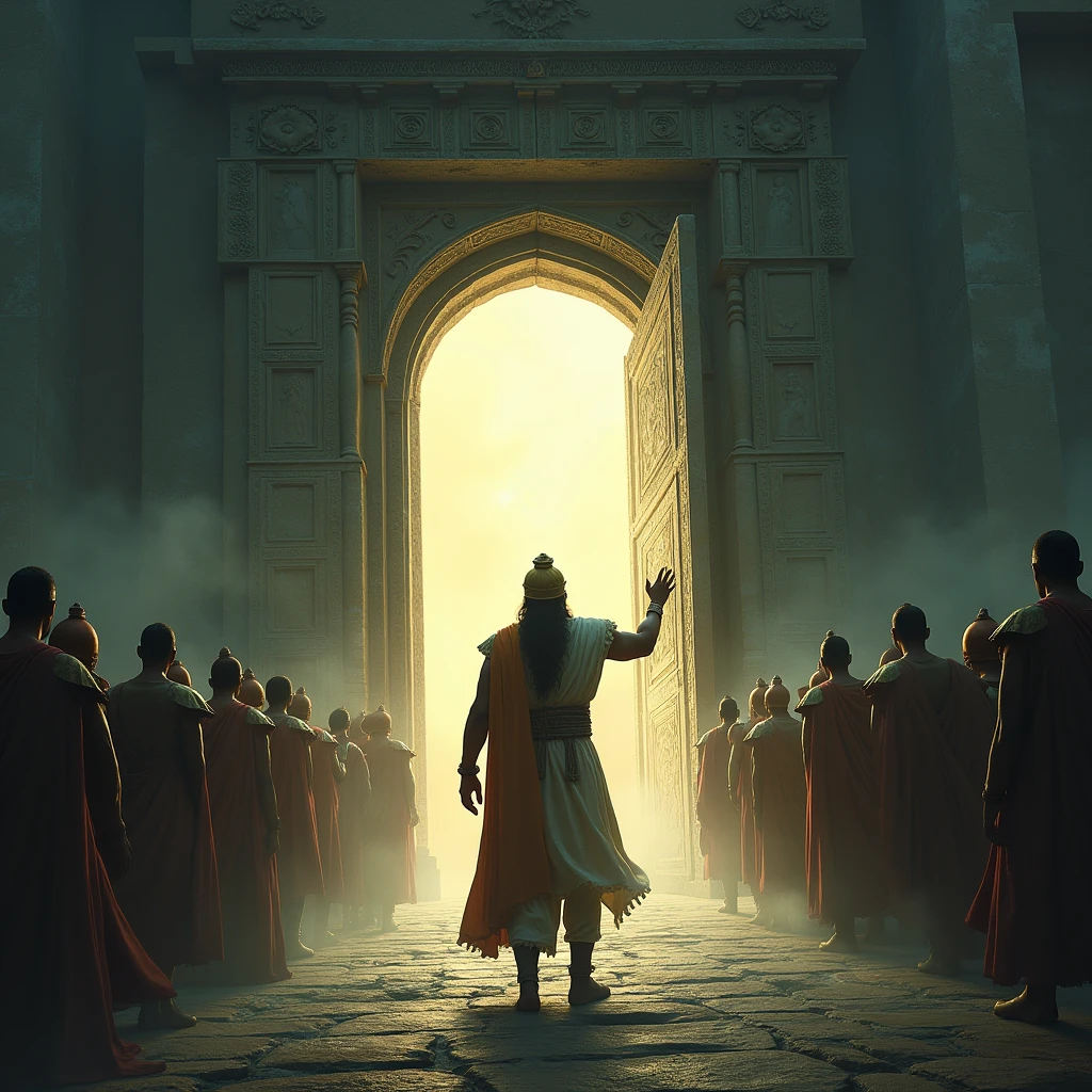A ultra high quality image "King Vikramaditya standing before a massive ...