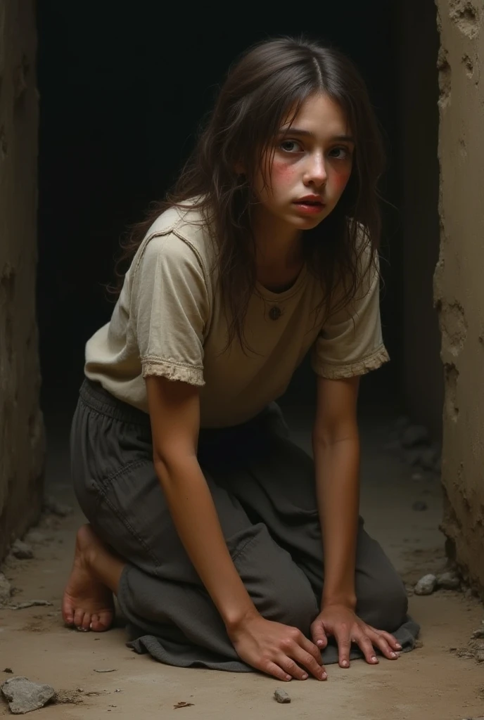 Realistic picture, poor servant girl kneeling, simple clothing barefoot ...