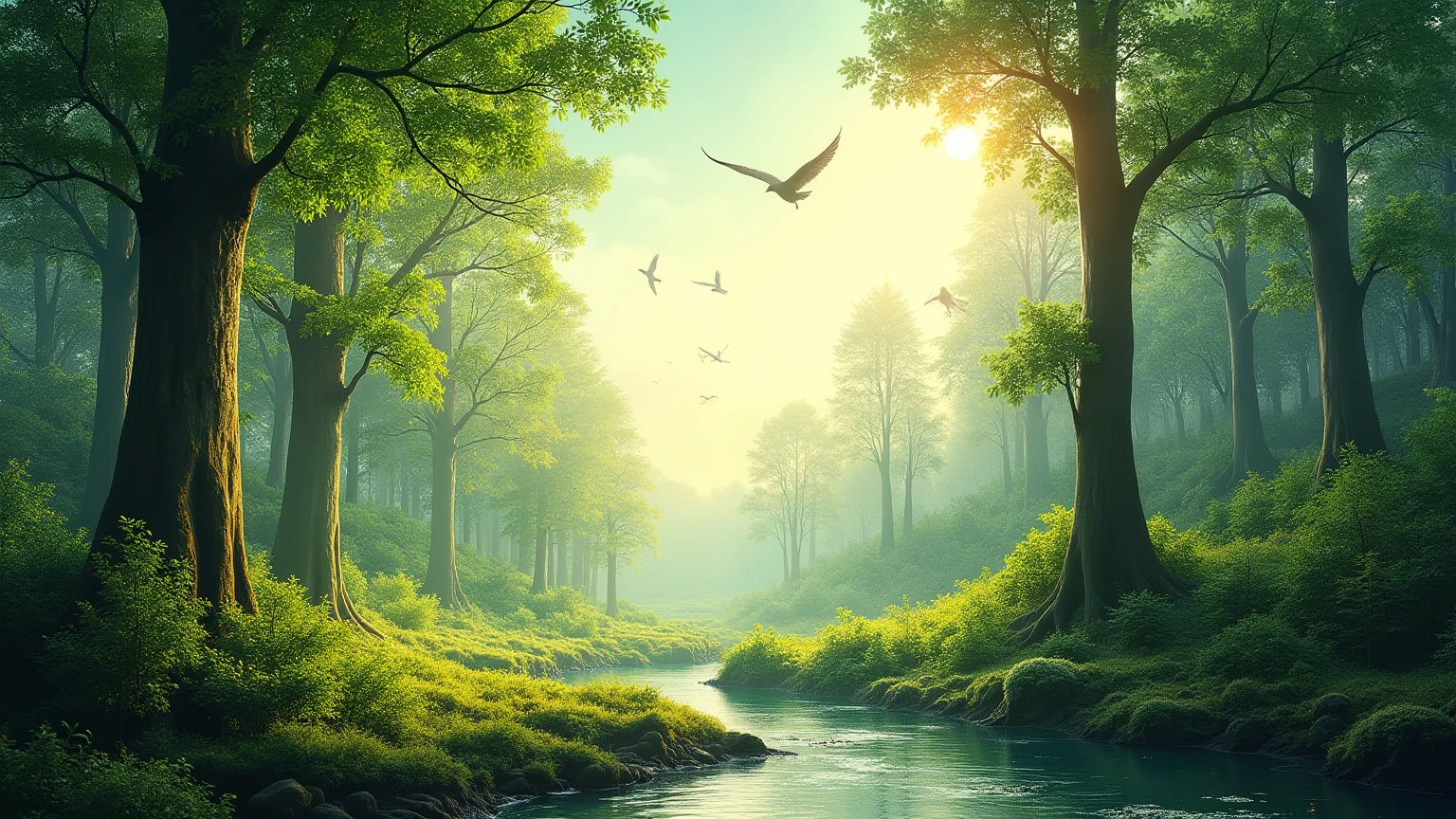 A vast wide shot of the entire forest. Tall trees, softly swaying ...