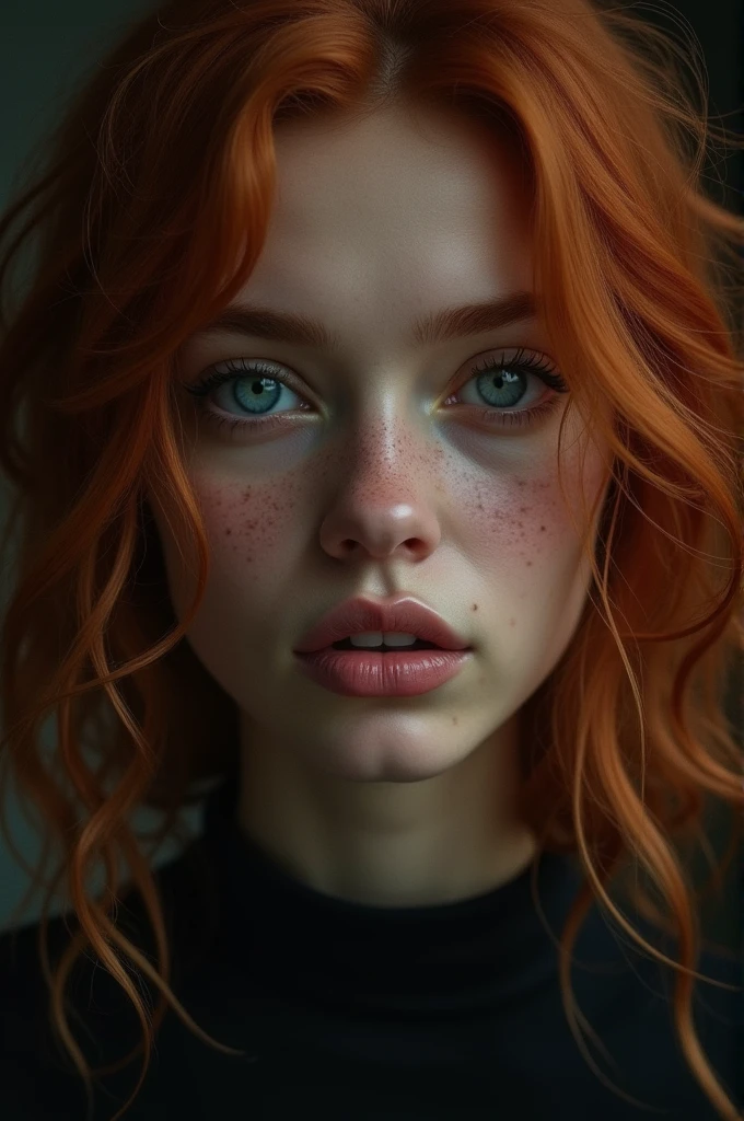 Dark-skinned woman, wavy ginger hair almost reaching curls, Light blue ...