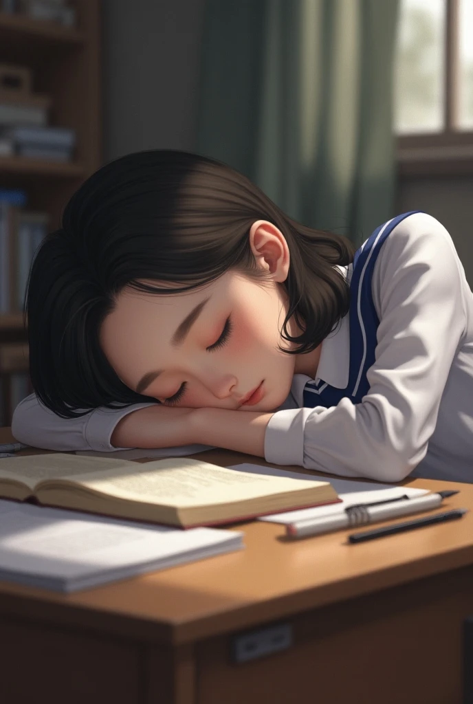 A realistic and pretty woman sleeping in school uniforms - SeaArt AI