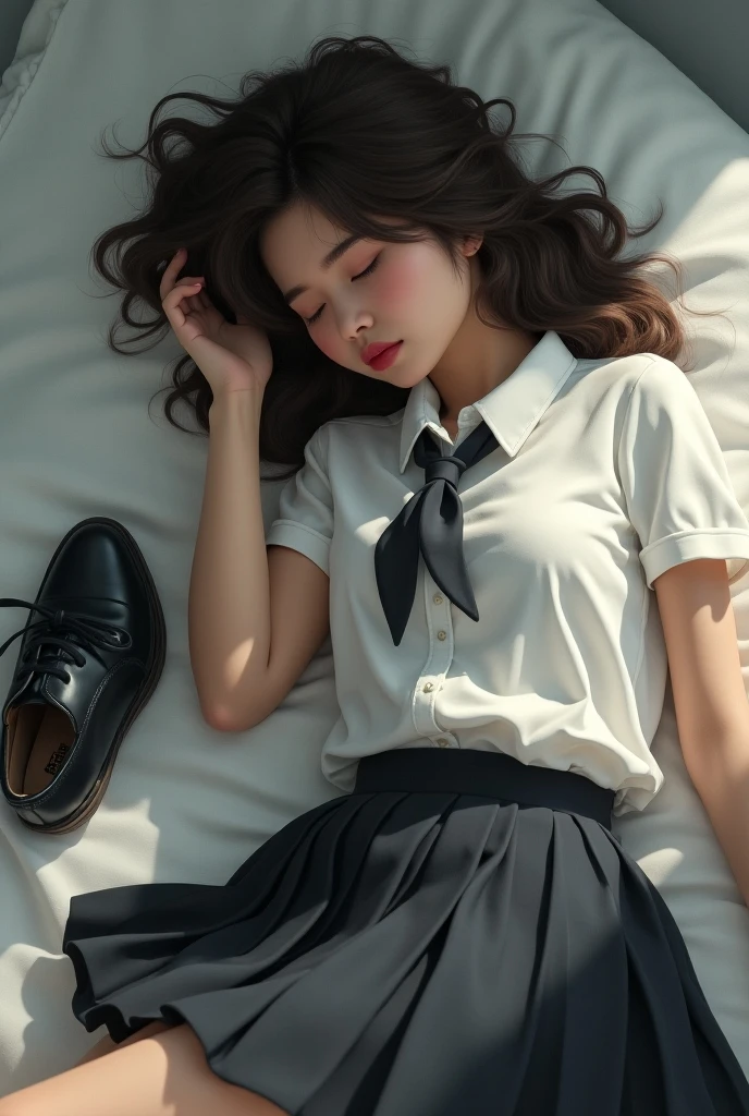 A realistic and pretty woman sleeping in shoes and school uniforms ...