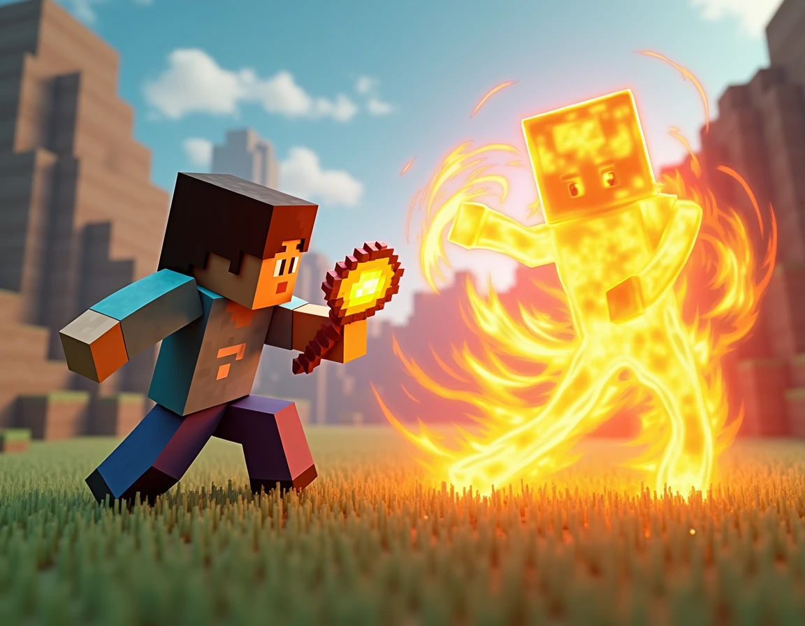 Create an image of a minecraft breeze behind a Minecraft Player ...