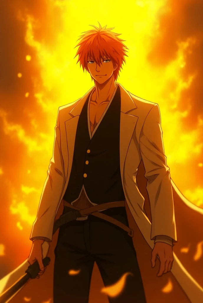 Ichigo kurosaki , with his tybw full power ,yellow glow background ...