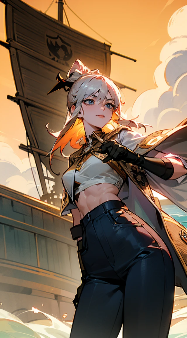 A dashing, tall, long-haired white-haired female pirate, radiating with ...