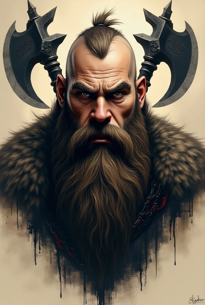 Photo of a Nordic dwarf for tatoo on the back With a helmet and axes ...