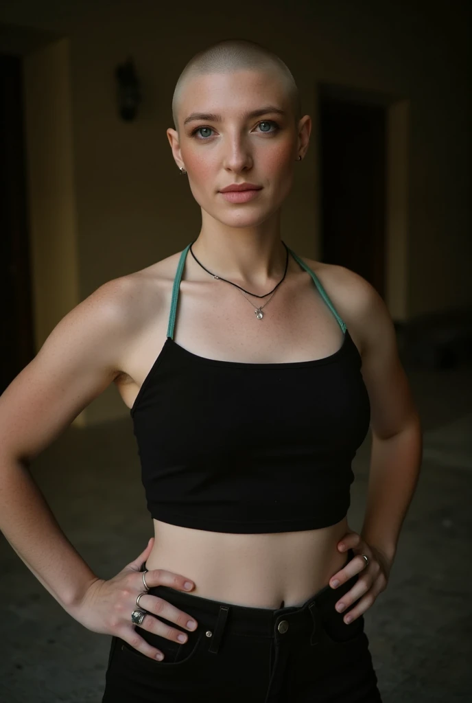 Cinematic portrait, a bald woman with a clean shaved head no hair at ...