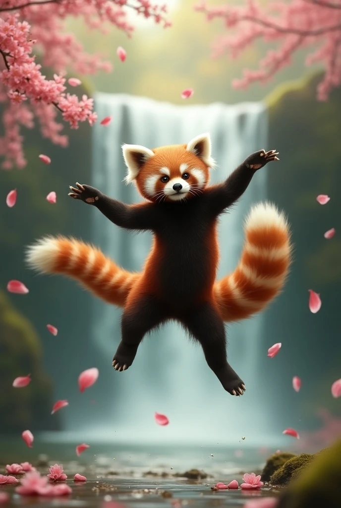 Create the image of a red panda leaping and swaying in the air as if ...