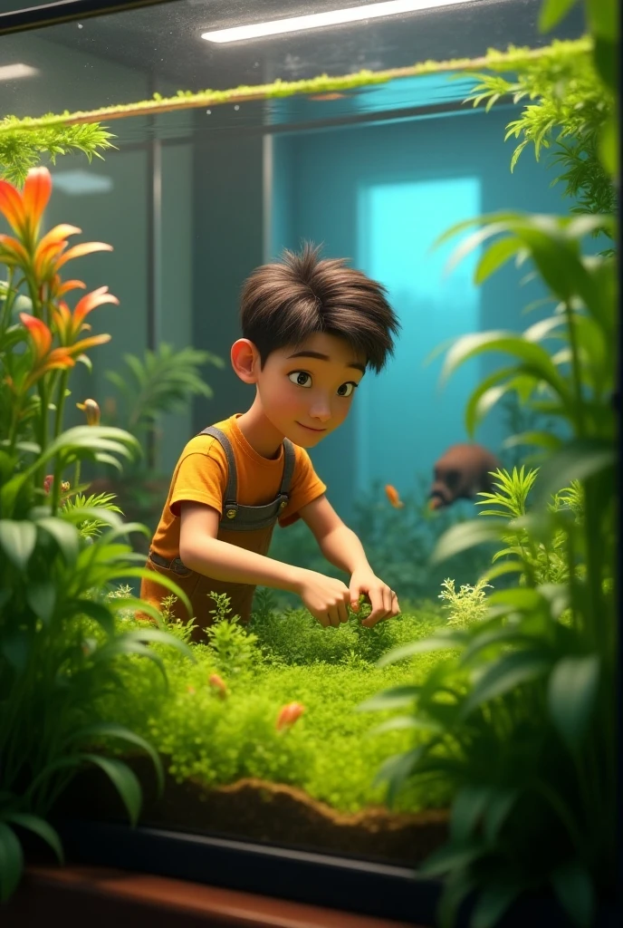 Young man pruning the plants in his aquarium (Disney Pixar) - SeaArt AI