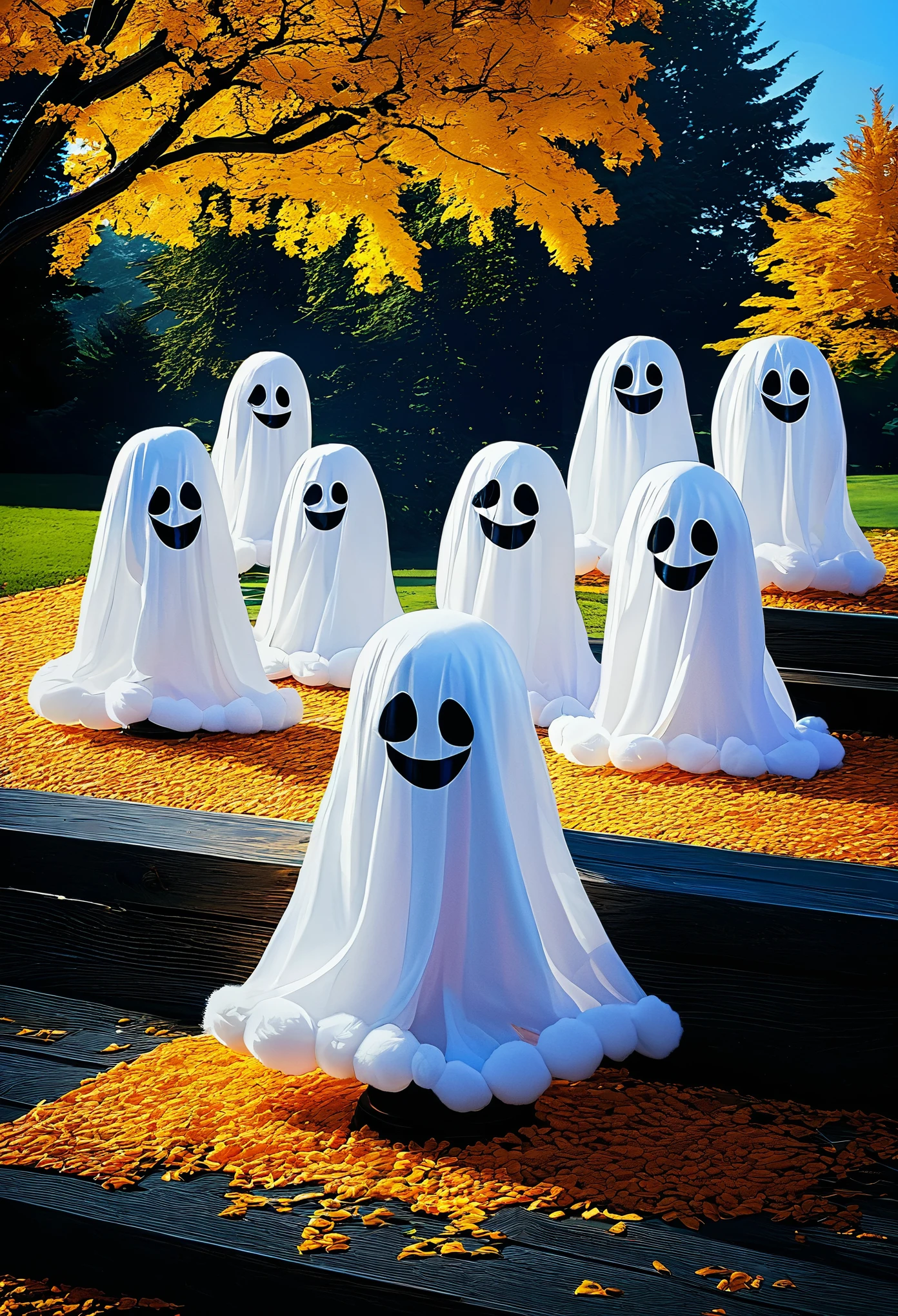 Cute little white ghosts, fluffy and floating, colourful Halloween ...
