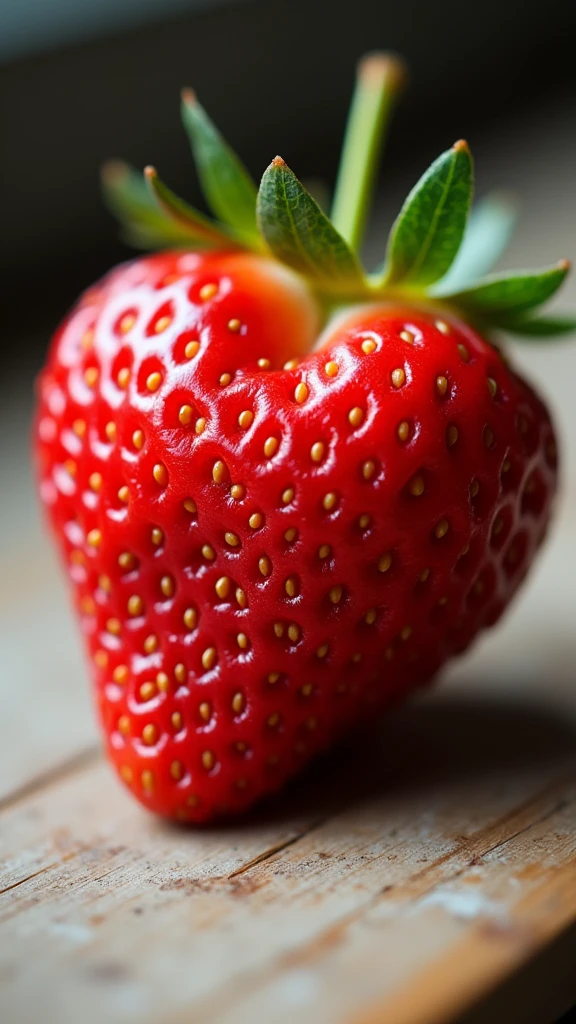 A single, ripe red strawberry, plump and heart-shaped, with a glossy ...