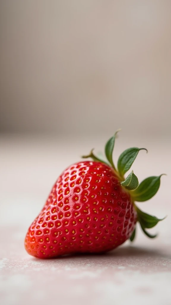 A close-up photo of a single, ripe red strawberry, positioned in the ...