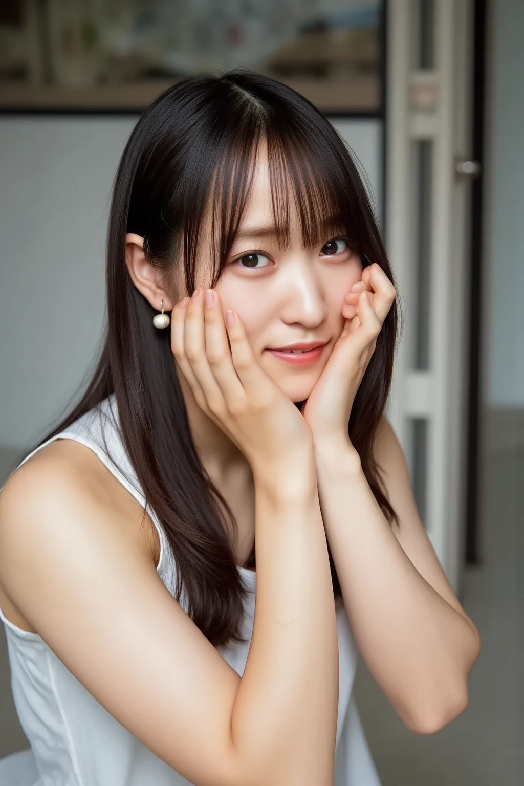 Cute smile pose where you peck your cheeks with both hands , - SeaArt AI