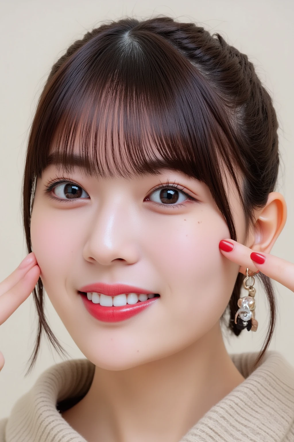 Cute smile pose where you peck your cheeks with both hands , - SeaArt AI