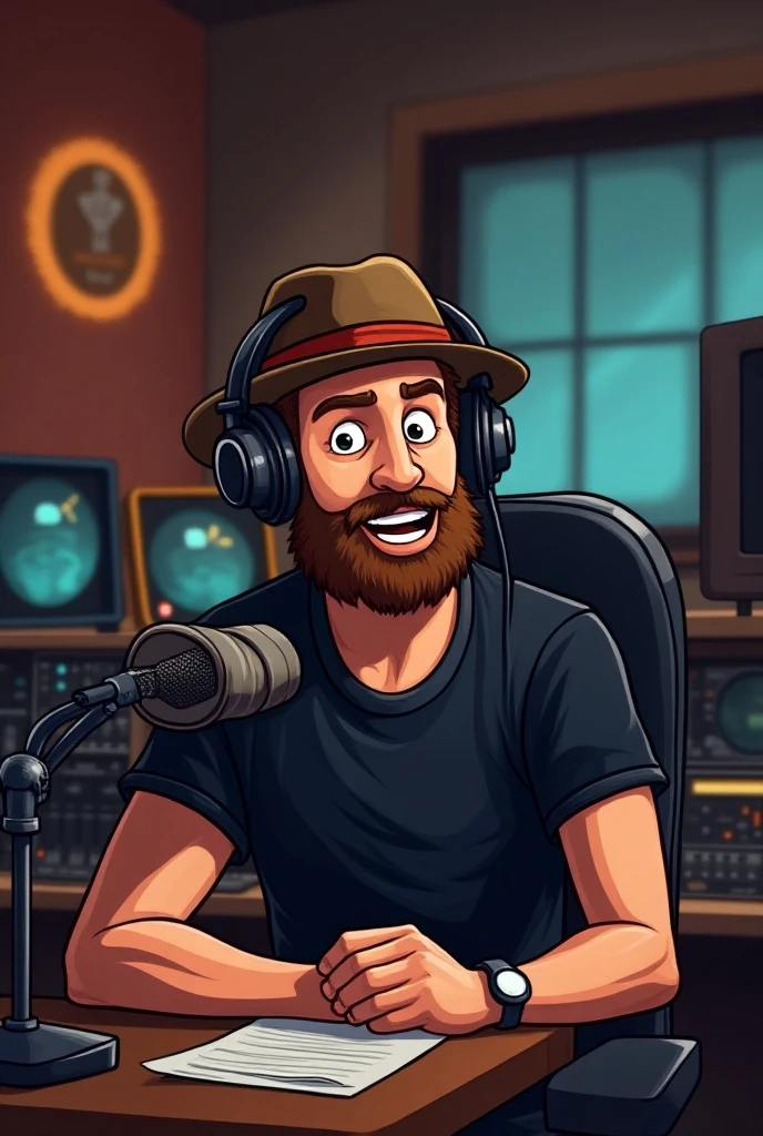 A male radio announcer wearing a hat , beard, 2D cartoon headphones ...