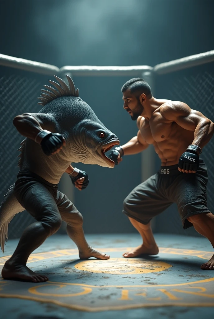 3d drawing of a fish fighting a Bolivian in a UFC pentagon - SeaArt AI