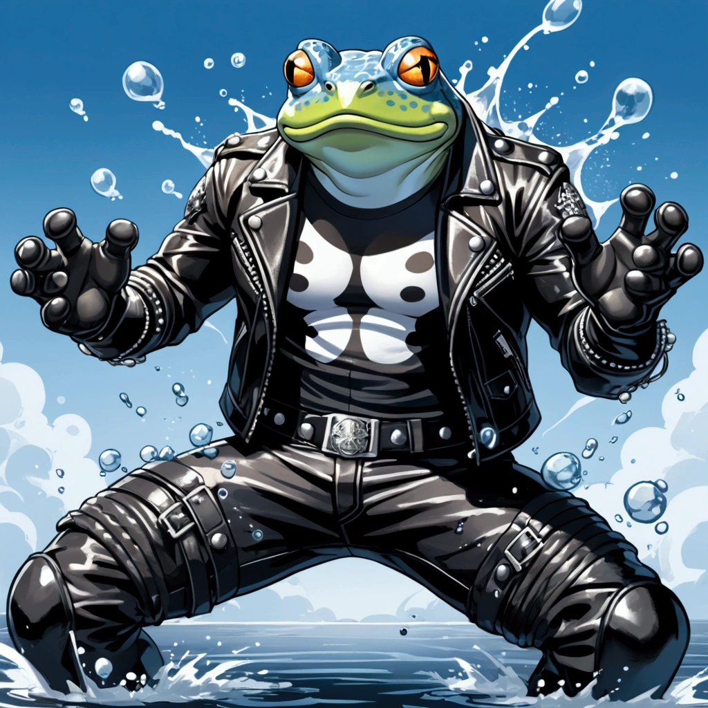 Closeup, comic style, an extremely badass anthropomorphic light blue ...