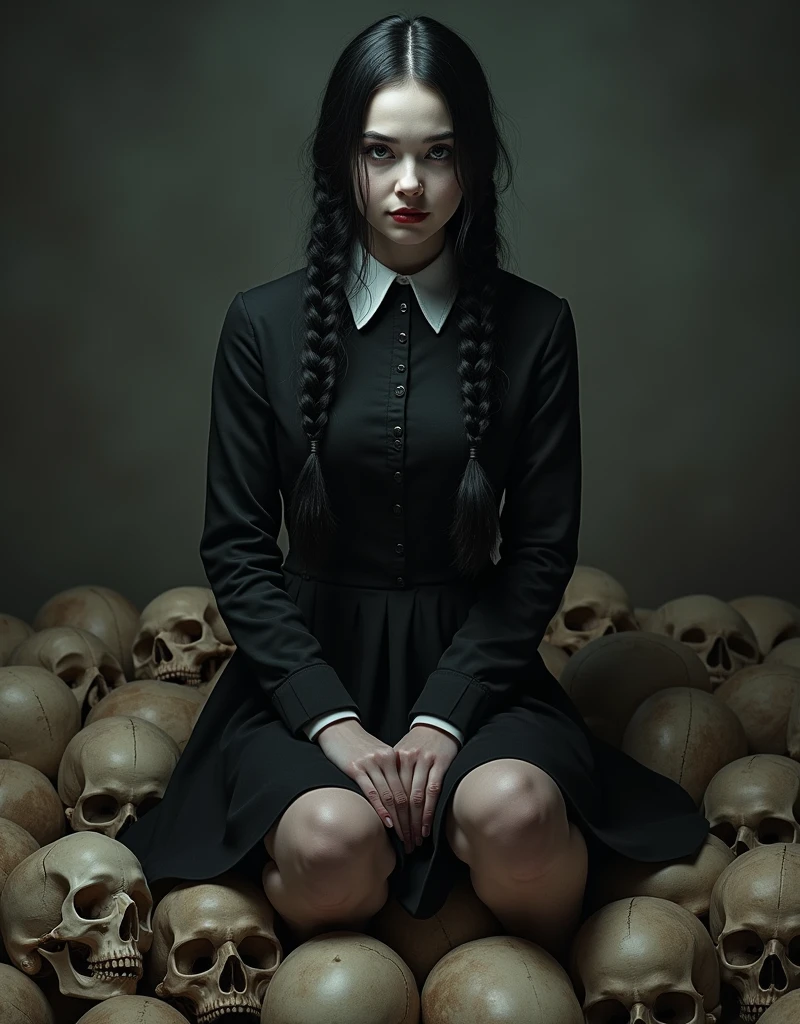 Goth wednesday addams with braided black hair sitting on a heap of ...