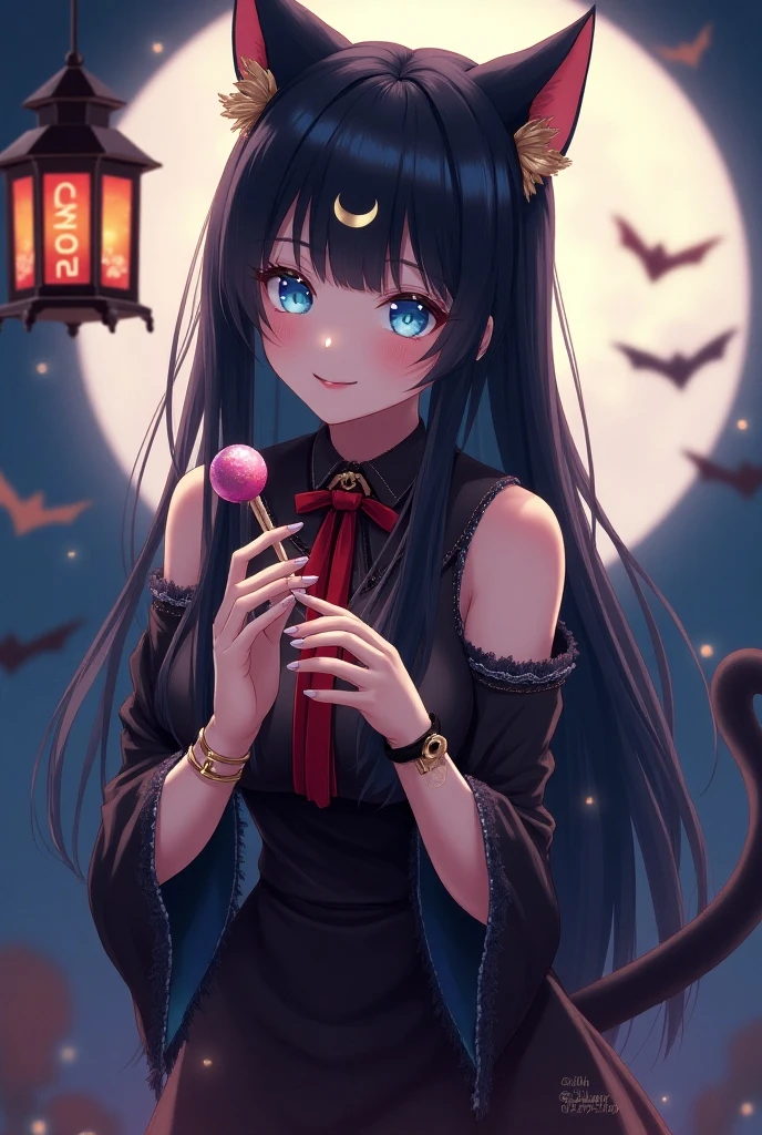 Long black straight hair girl idol。Smile。Crescent moon mark on forehead ...