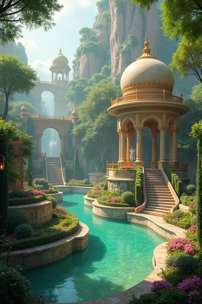 Ancient indian mythical heavenly gardens with pleasure pavilion palaces ...