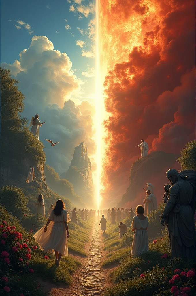 Heaven and Hell Split Scene Left Side (Heaven): The scene depicts a ...