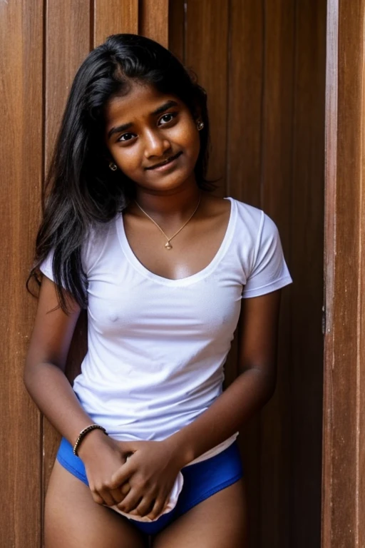 Sri Lankan teen girl crying with only her underwear and a tshirt - SeaArt AI
