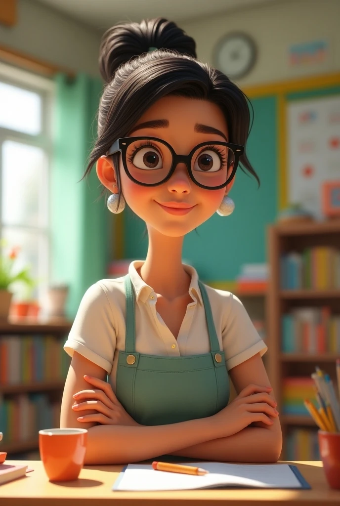 Teacher with short hair clutched in a ponytail with glasses and tan ...
