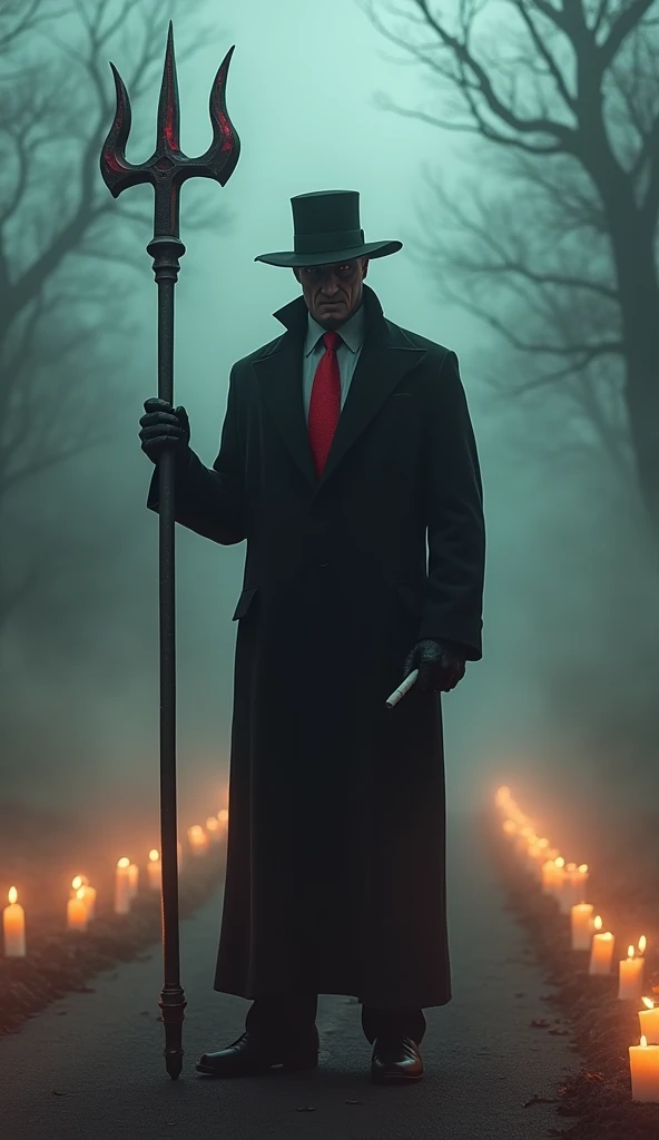 A tall man, with a large simple square trident in hand , wearing a ...