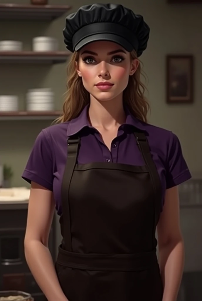 Woman with black kitchen cap dark purple polo collar blouse dark brown ...