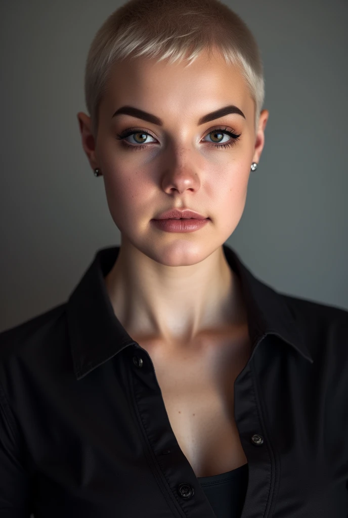 Cinematic portrait, a bald woman with a clean shaved head no hair at ...